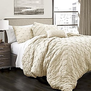 Lush Decor Ravello Pintuck Vintage Chic Farmhouse Style 5 Piece Comforter Set with Pillow Shams, Full/Queen, Ivory