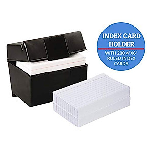 1InTheOffice Index Card Storage Box 4x6, Index Card Holder 400 Capacity & 4x6 Ruled Index Cards, White 200/Pack