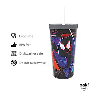 Zak Designs Marvel Spider-Man Across the Spider-Verse Movie Plastic Tumbler with Splash-Proof Lid and Straw, Durable Double-Wall Insulated Travel Cup Fits in Car Drink Holders (16oz, Non-BPA)