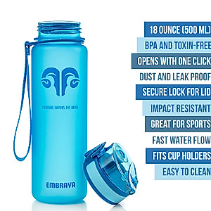 Embrava Best Sports Water Bottle - 17oz Small - Eco Friendly & BPA-Free Plastic - For Running, Gym, Yoga, Outdoors and Hiking - Fast Water Flow, Flip Top, Opens With 1-Click - Leak-proof Lid