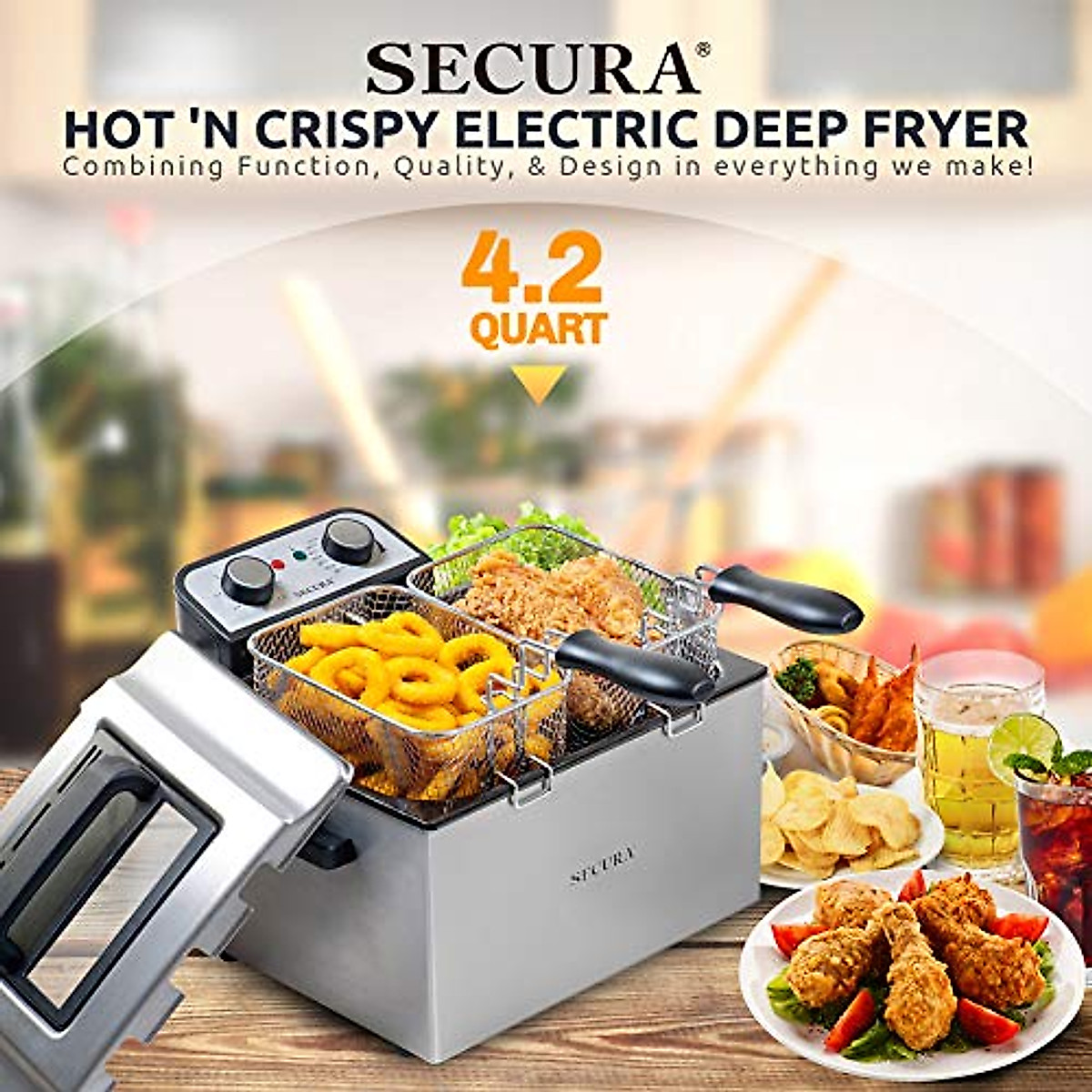 Secura Electric Deep Fryer 1800W-Watt Large 4.0L/4.2Qt Professional Grade Stainless Steel with Triple Basket and Timer