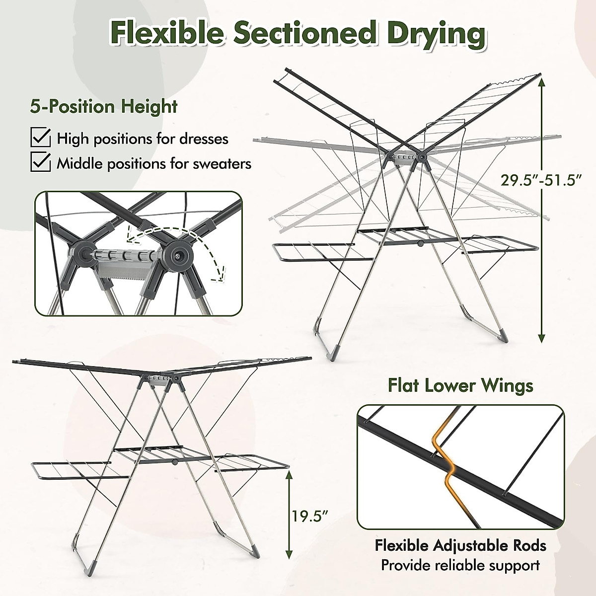 Tangkula Laundry Drying Rack, Foldable Clothes Drying Rack with Height Adjustable Wings, 33 Drying Rails & Sock Clips, Freestanding Gullwing Garment Stand for Indoor & Outdoor Use (Sliver+Grey)