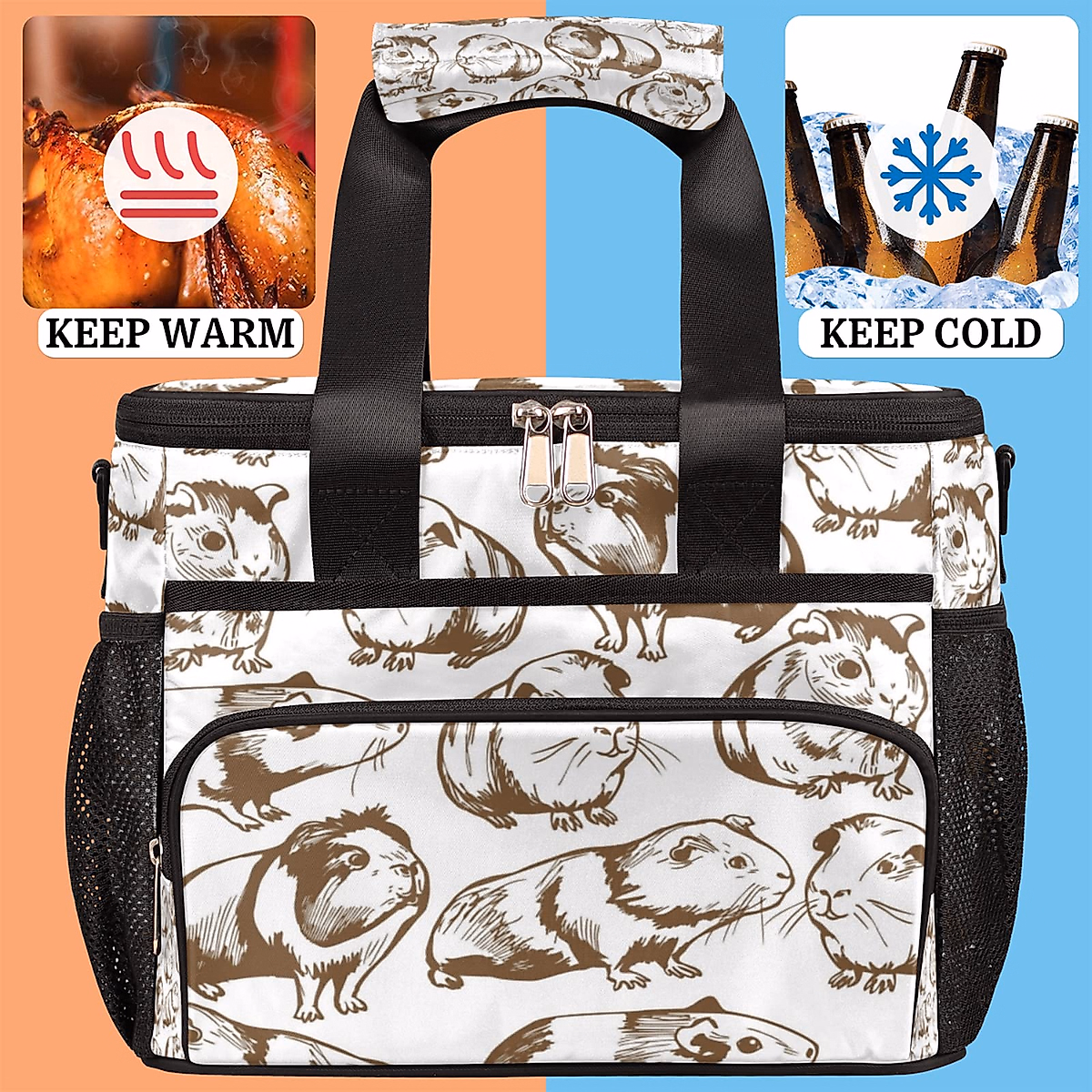 Cute Guinea Pigs Large Reusable Lunch Bag for Women Men, Insulated Lunch Bags Leakproof Cooler Lunch Tote Bag with Adjustable Shoulder Strap