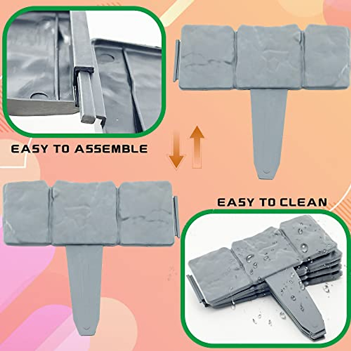 Garden Landscape Edging Border No Dig,Flower Bed Edging,DIY Plastic Fencing Lawn Border,Imitation Stone Effect Garden Borders for Garden, Lawn, Walkway and Landscape Edging (24.6 FT)