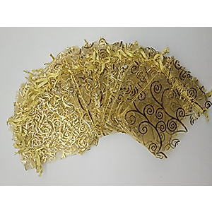 Ankirol Sheer Organza Favor Bags 6x8 inch for Wedding Baby Shower 100 pack Gift Bags Samples Display Drawstring Pouches (Gold Swirl)