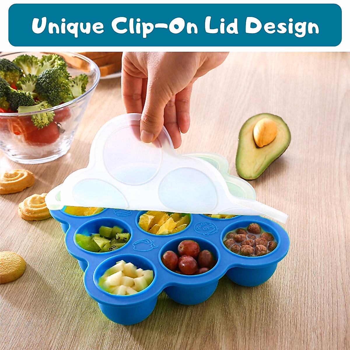 Silicone Baby Food Storage Container and Freezer Tray with Clip-On Lid, 100% Food-Grade, BPA Free (12 Cavities)