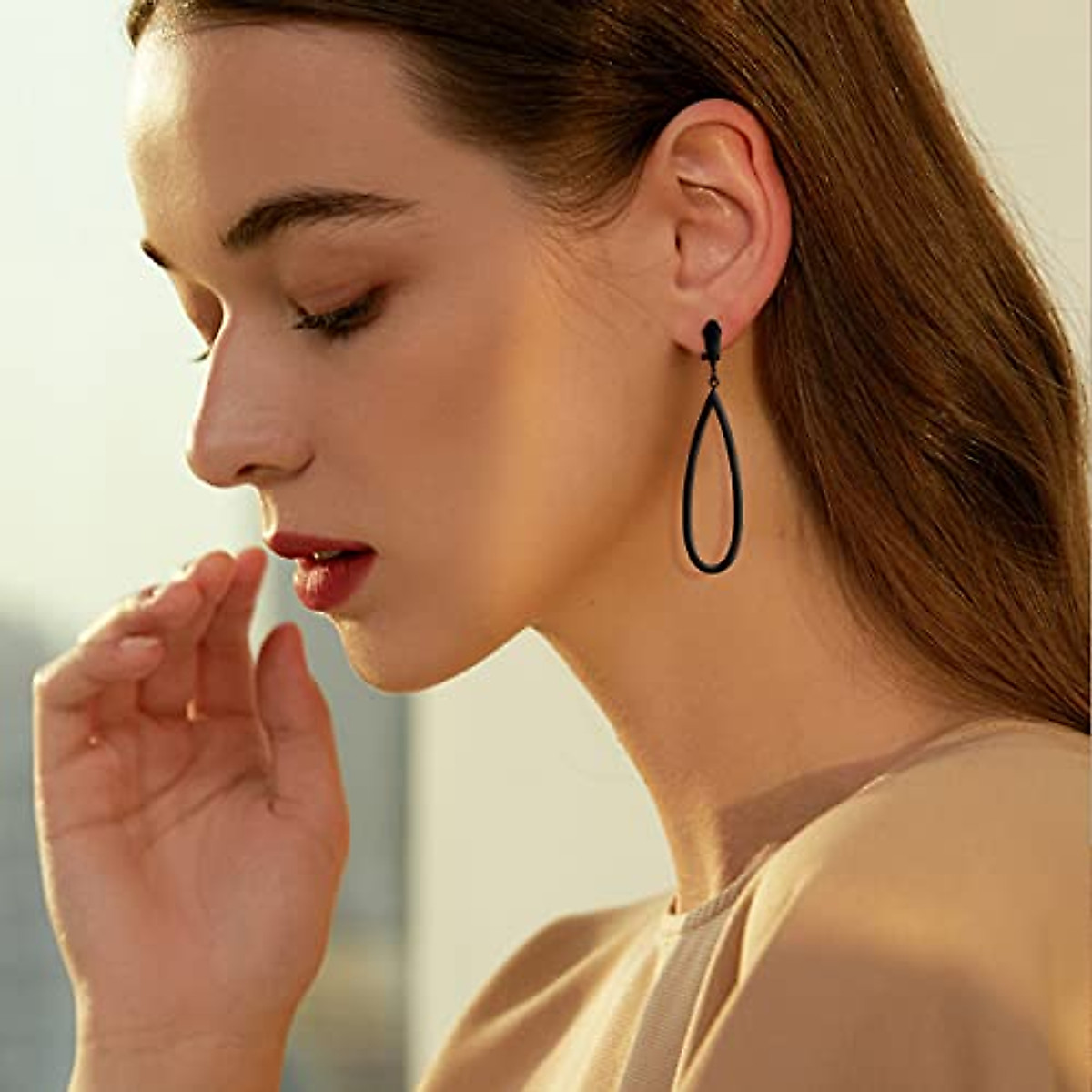 MUYAN Black Waterdrop Clip On Earrings for Women Non Piercing Long Tear Dangle Earrings Geometric Clip Drop Earrings for Women