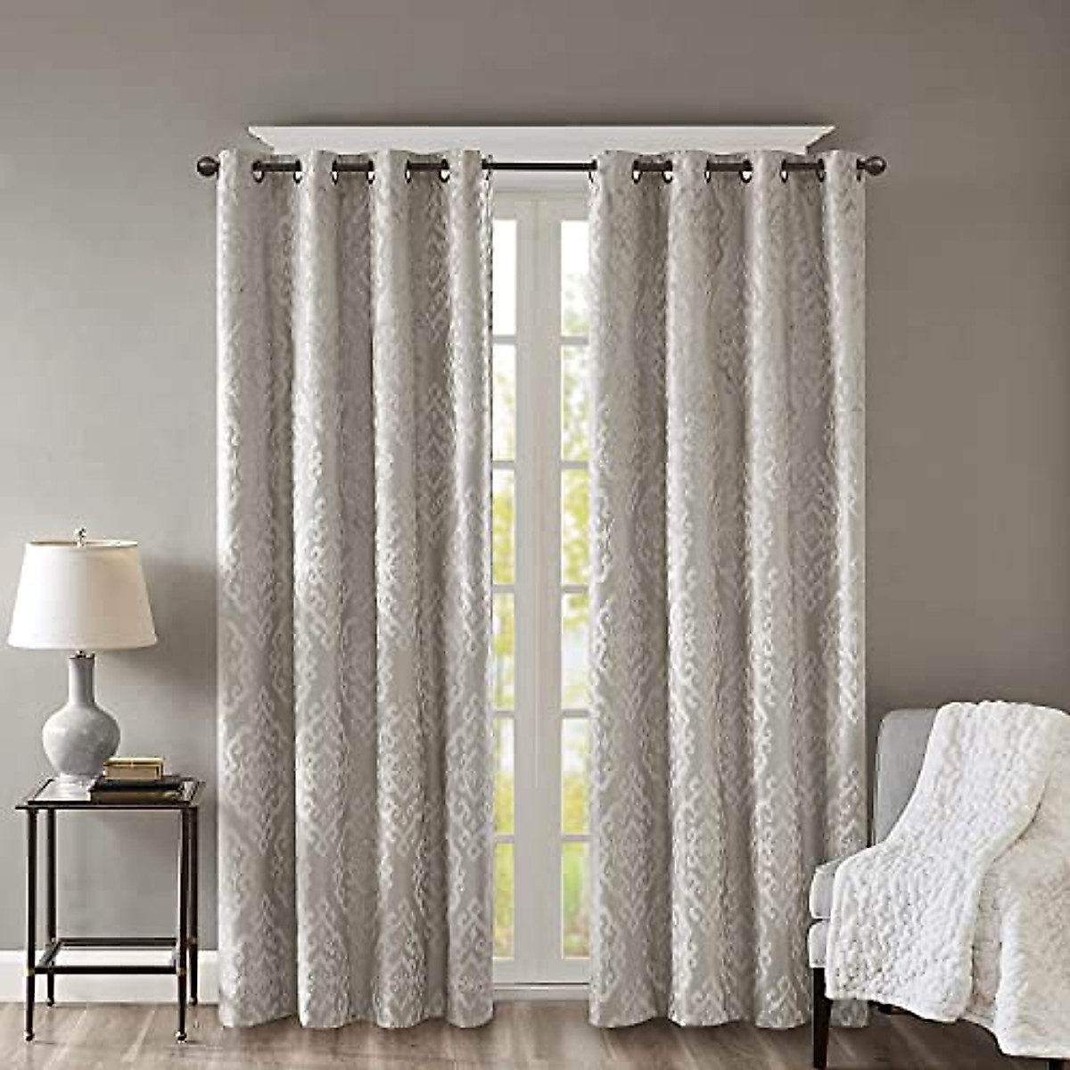 Sun Smart Mirage 100% Total Blackout Single Window Curtain, Knitted Jacquard Damask Room Darkening Curtain Panel with Grommet Top, 50 x 108 in, Silver