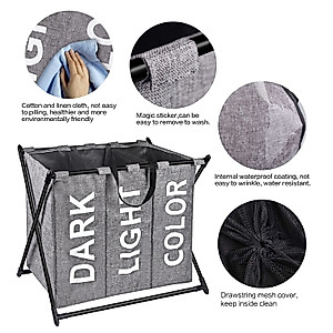 X-cosrack 180L Laundry Hamper 3 Sections Laundry Sorter, Foldable & Collapsible 3 Bin Laundry Hamper with Handles, Waterproof Lining Laundry Organizer for Dirty Clothes & Kid's Puppets, Black, Grey