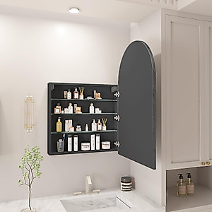 FKWin Arched Medicine Cabinets with Mirror, Bathroom Mirror with Storage, Aluminum Alloy Bathroom Cabinet, 3 Adjustable Shelves Vanity Mirror, Medicine Cabinet Mirror, Not Recessed, 24x36 inch, Black