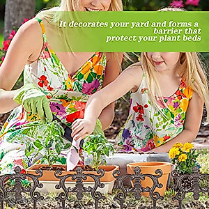 Sungmor 4PC Small Garden Fence 9.4in. Tall Cast Iron Picket Fence, Heavyweight Outdoor Landscape Edging Low Border, Pretty Antique Brown Pattern, Stake Decorative Metal Fence Panel for Lawn Flowerbeds