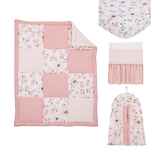 NoJo Countryside Floral - Pink, Grey & White 4Piece Nursery Crib Bedding Set, Comforter, Fitted Crib Sheet, Dust Ruffle, Diaper Stacker, Pink, Peach, White, Grey