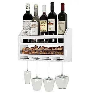 Wallniture Blanc Wine Rack Wall Mounted, Wall Wine Bottle Holder with Wine Glass Rack, Wall Mount Wine Holder with Wine Cork Holder, Rustic Wall Wine Rack for Wine Bottles, Burnt White, Wood