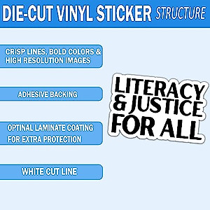 Miraki Literacy and Justice For All Sticker, Literacy Education Stickers, Book Club Sticker, Water Assitant Die-Cut Vinyl Stickers Decals for Laptop Phone Kindle Journal Water Bottles, Stickers