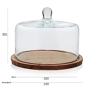 Libbey Acaciawood Flat Round Wood Server Cake Stand with Glass Dome