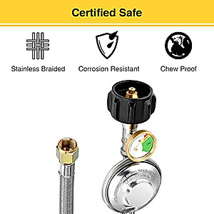 WADEO 5FT Gas Grill Regulator and Hose with Gauge, Stainless Braided Propane Hose with Regulator, Propane Adapter for Gas Water Heater, Fire Pit, Burner Stove, Smoker, 3/8" Female Flare Nut