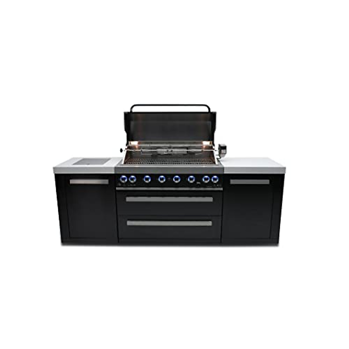 Mont Alpi MAi805-BSS 44-inch 6-Burner 115000 BTU Deluxe Black Stainless Steel Outdoor Kitchen Gas Island Grill w/ Infrared Side Burner & Rotisserie Kit Granite Countertop + Storage Cabinets & Weather Cover