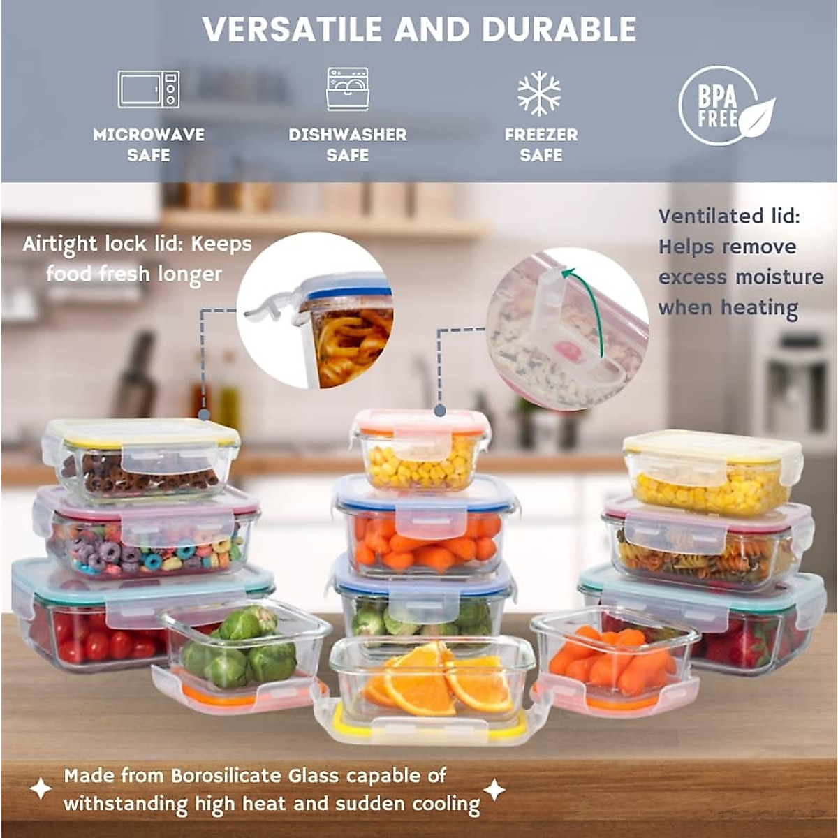 Imperial Home 24 Pc Glass Storage Containers with Lids, Food Storage Container Set, Kitchen Organization, Meal Prep, Airtight Lock Lid, Reusable, Freezer & Microwave Safe, BPA Free