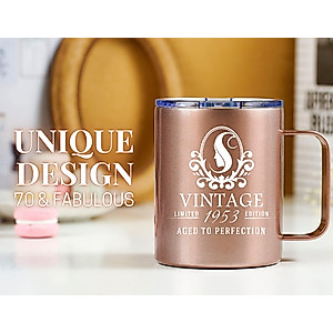 Onebttl 71th Birthday Gifts for Women, 1953 Birthday Gifts, Vintage 1953 Age to Perfection, 71th Birthday, 12oz Insulated Stainless Steel Wine Tumbler, Rose Gold