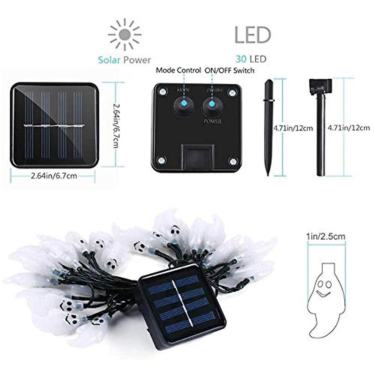 DYTesa Halloween Solar String Lights, 21.3 Ft 30 LED Milky White Ghost LED Lights IP65 Waterproof for Halloween Outdoor Indoor Party Decor, Patio, Lawn, Garden, Yard