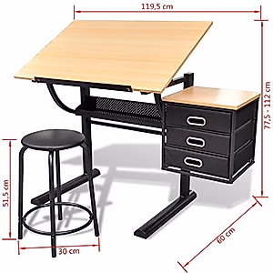 EstaHome Drafting Draft Desk with Stool and 3 Drawers | Tiltable Tabletop Drawing Table Art Desk for Reading, Writing Art Craft Work Station | Natural MDF and Iron Legs | 47" x 23.6" x 30.5"