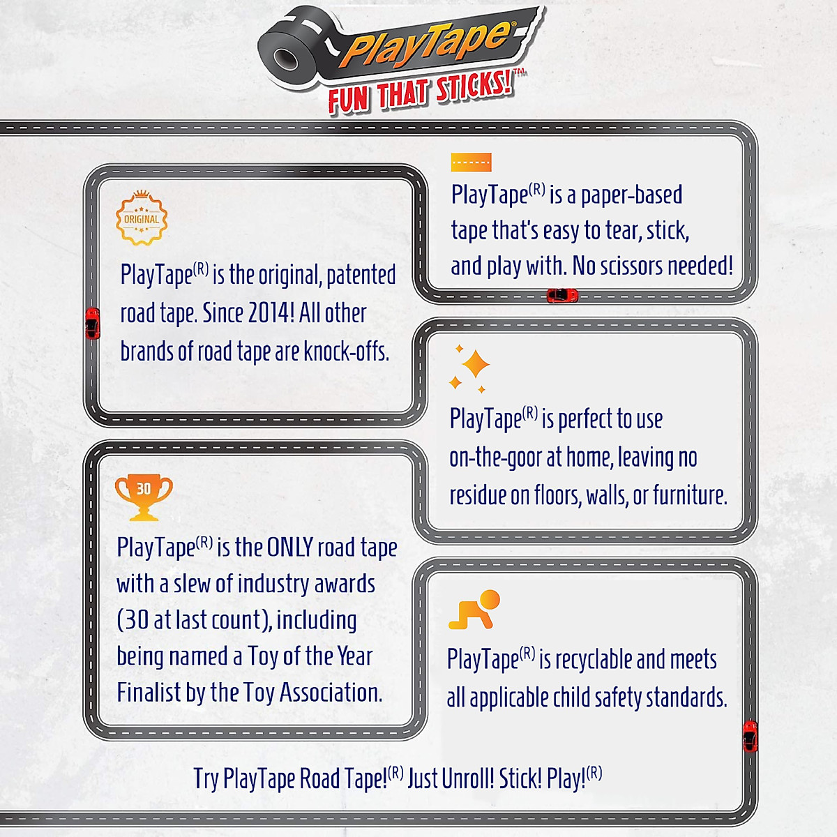 PlayTape Road Tape for Toy Cars - Sticks to Flat Surfaces; No Residue; 60 ft. x 2 in. Black Roadway