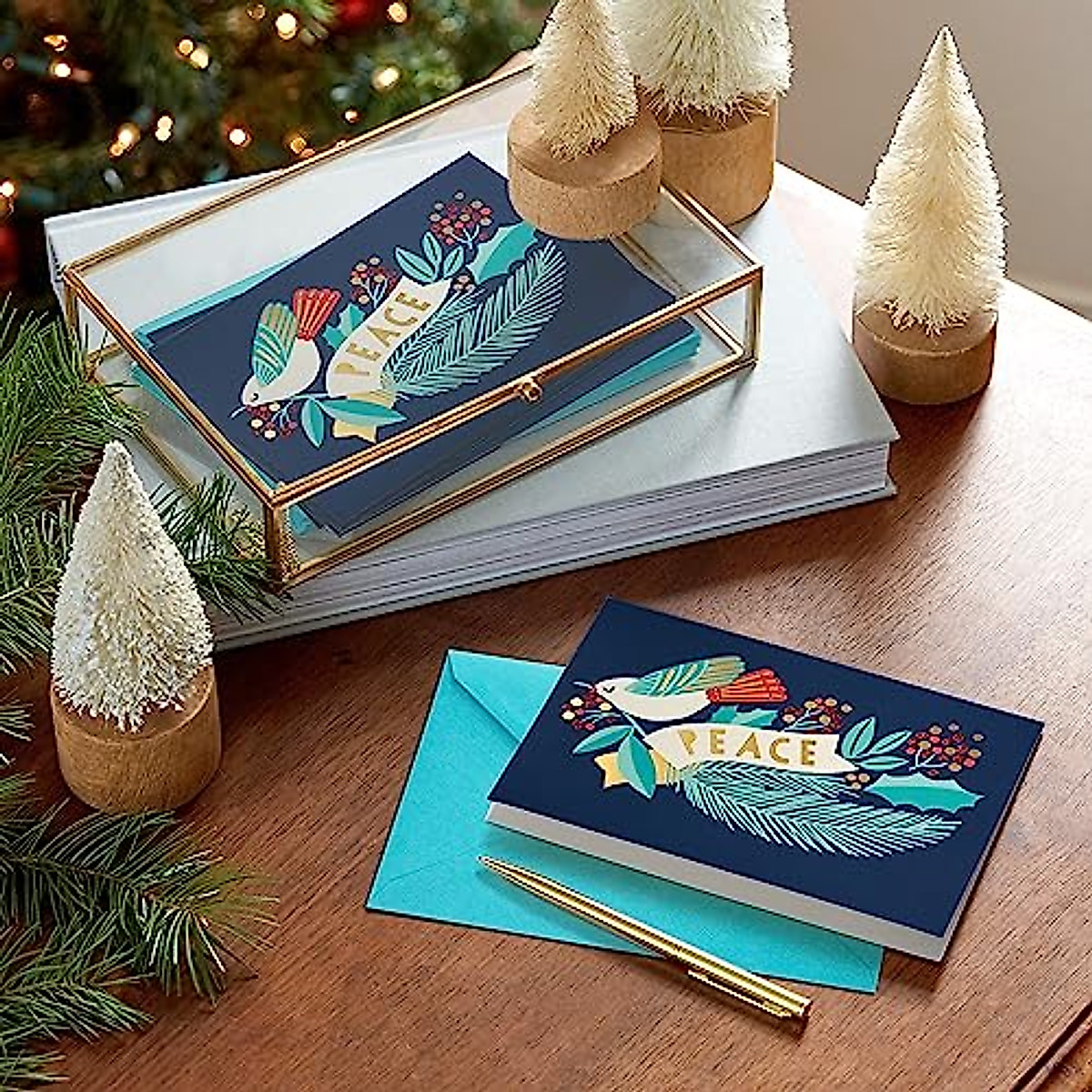Hallmark Peace Dove Boxed Christmas Cards (16 Cards and Envelopes) Navy Blue, Mint Green, Gold, Red