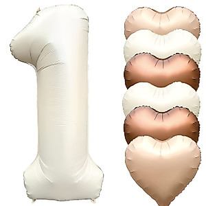 Jonhamwelbor 40 inch Cream White Number 1 Balloons Large Foil Helium Number Balloon with Heart Balloons for first One Year Old Girl and Boy 1st Birthday Party Decoration (40 inch Cream 1)