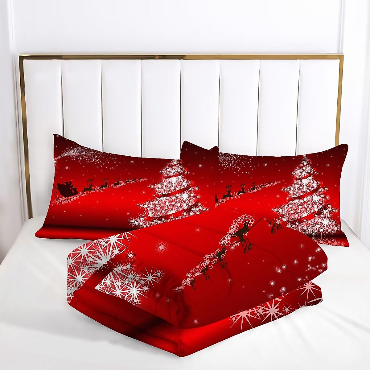 kxry Merry Christmas Comforter Set Santa Claus Deer Christmas Tree Galaxy Red Bedding Quilt King Size for Girls Boys Kids 1 Comforter + 2 Pillow Cases