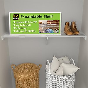 EZ Shelf - DIY Expandable Closet Shelf (NO Hanging Rod) - 40.5” to 73” - White - Easy to Install to 2 Sidewalls -(EZS-SW72)- Wire Closet Shelving Alternative
