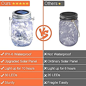 Nintiue Mason Jar Solar Lights, 6 Pack 30 LEDs Fairy Lights with Jars and Hangers, IPX6 Waterproof Hanging Solar Lights Outdoor, Decorative Solar Lanterns for Garden Fence Patio Wedding