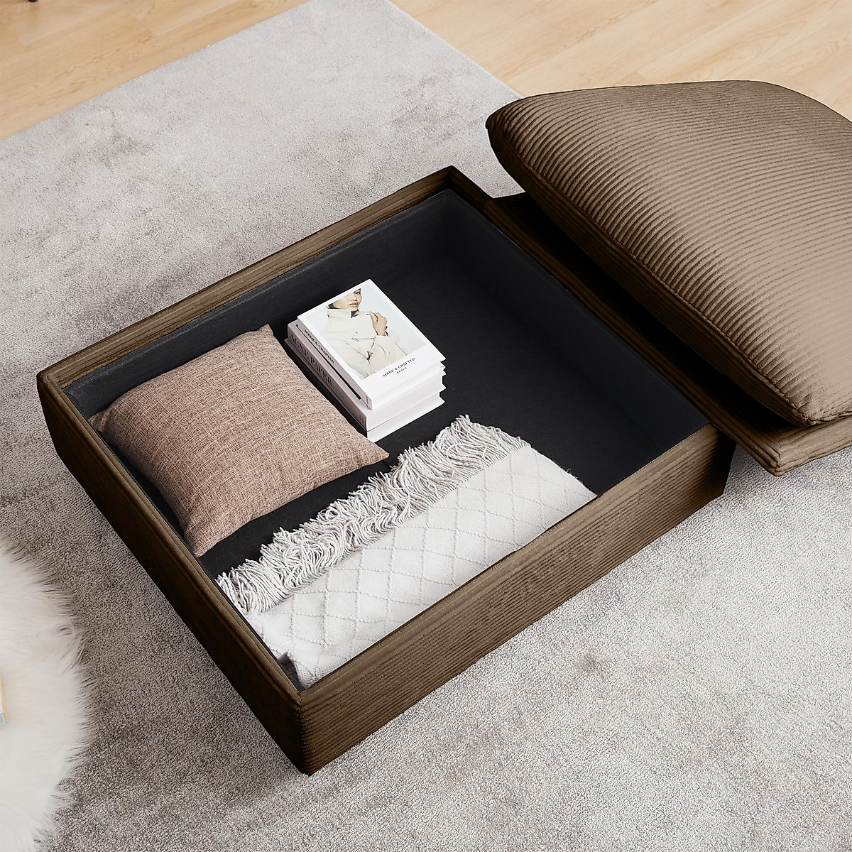 Corduroy U-Shaped Sofa Couch 157.5" Brown Comfy Modular Couch Oversized Couch with Storage Ottoman Cloud Couch 4 Seater Extra Deep Sofa Couch,Sectional Couches for Living Room