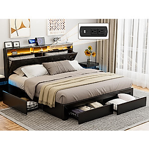 IKIFLY King Size Bed Frame with 4 Storage Drawers & Charging Station, Upholstered Platform Bed with Hidden Storage Headboard and LED Lights, Solid Wood Slats, No Box Spring Needed, Noise Free, Black
