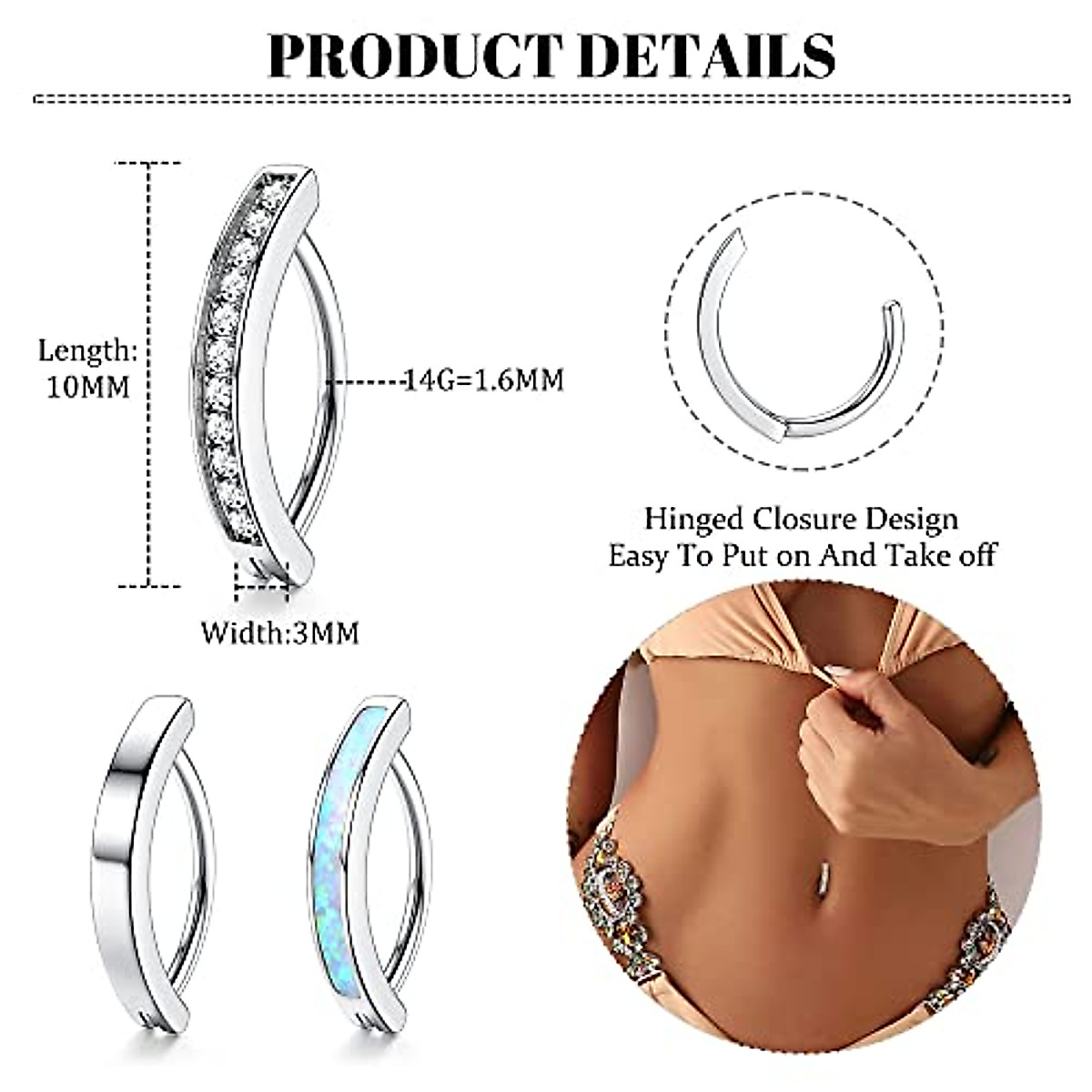 FIBO STEEL 3Pcs 14G Clicker Belly Button Ring for Women Surgical Steel CZ Opal Belly Rings Simple Reverse Navel Rings Belly Piercing Body Jewelry 10MM Silver