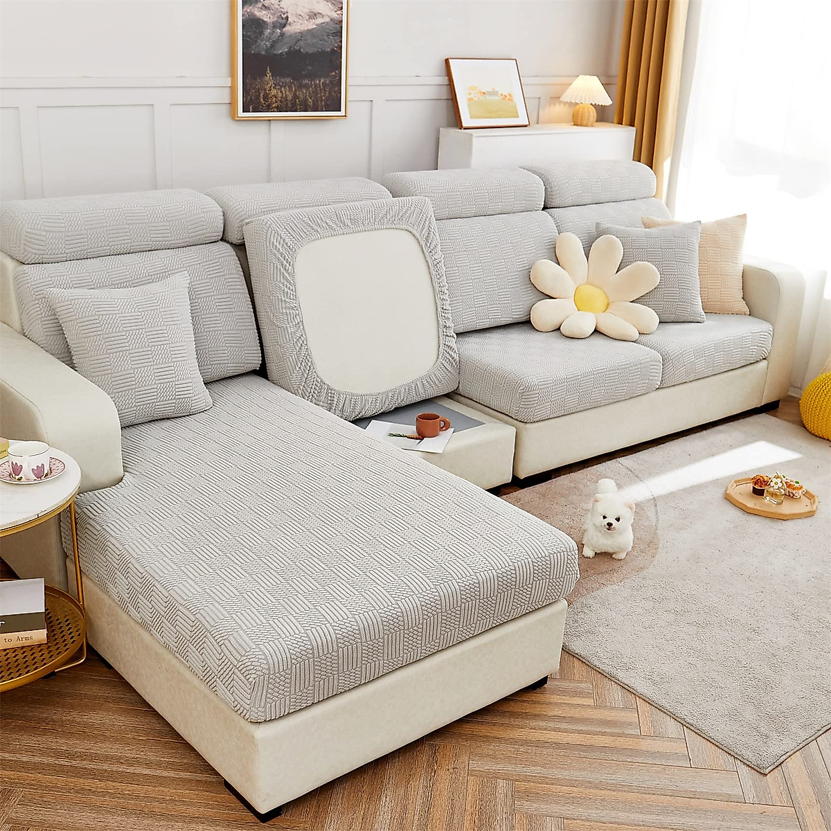 ele ELEOPTION Couch Cushion Covers Slipcover Elastic Chair Loveseat Sofa Furniture Protector Cover for Living Room (Length 39-53inch Width 25-37inch,Large Double Seat Cover) Grey White