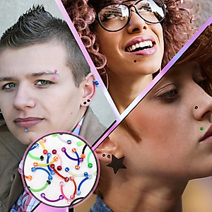 CrazyPiercing Colorful Ball Acrylic Flexible Curved Bar Eyebrow Rings Tragus Piercing Jewelry, 50Pcs, 16G