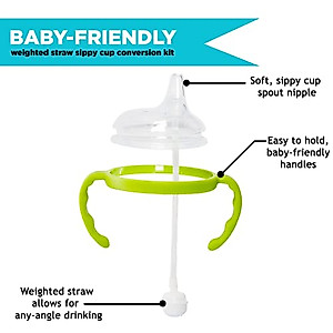 Soft Spout Transition Sippy Cup Kit for Comotomo Baby Bottles | Conversion Kit Fits 5 Ounce and 8 Ounce Bottles | Sippy Cup Baby Bottle Nipple with Weighted Straw and Bottle Handles (2 Pack, Green)
