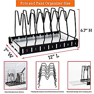 WEITELAI Pot Lid Organizer For Cabinet, 7 Dividers Adjustable Pots and Pans Organizer for Cabinet, With Draining Tray Kitchen Cookware, Bakeware, Cookie Cutting Board Organizer Black