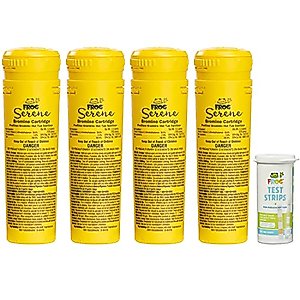 4 FROG Serene Bromine Replacement Cartridges for Hot Tubs for use only with FROG Serene Floating Sanitizing System + FROG Test Strips, Quick and Easy Sanitizer + Test Strips