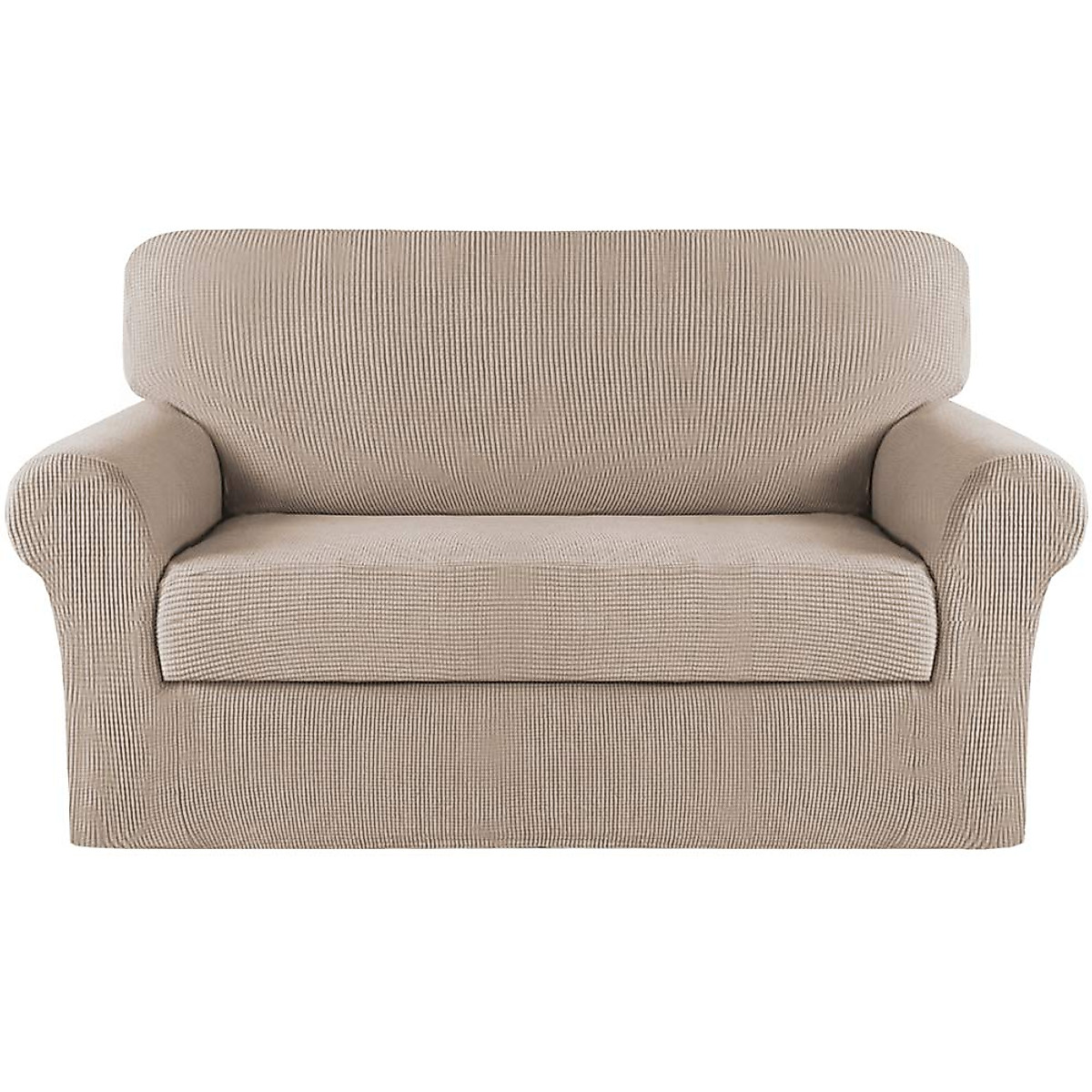 Turquoize Stretch Sofa Slipcover 2 Pieces Sofa Cover Couch Cover for 2 Cushion Couch Washable Furniture Protector Covers with Elastic Bottom Feature Thick Jacquard Fabric (Loveseat, Sand)