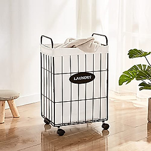 Mxfurhawa Iron Wire Laundry Hamper With Rolling Lockable Wheels, Folding Laundry Storage Basket with Handles,Detachable Liner Collapsible Dirty Laundry Hamper Cart Sorter Clothes Basket Organizer (23.6 inches)