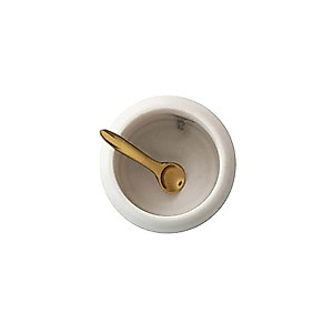 Creative Co-Op Marble Pinch Pot with Brass Spoon, Set of 2 Serveware, 4"L x 4"W x 3"H, White