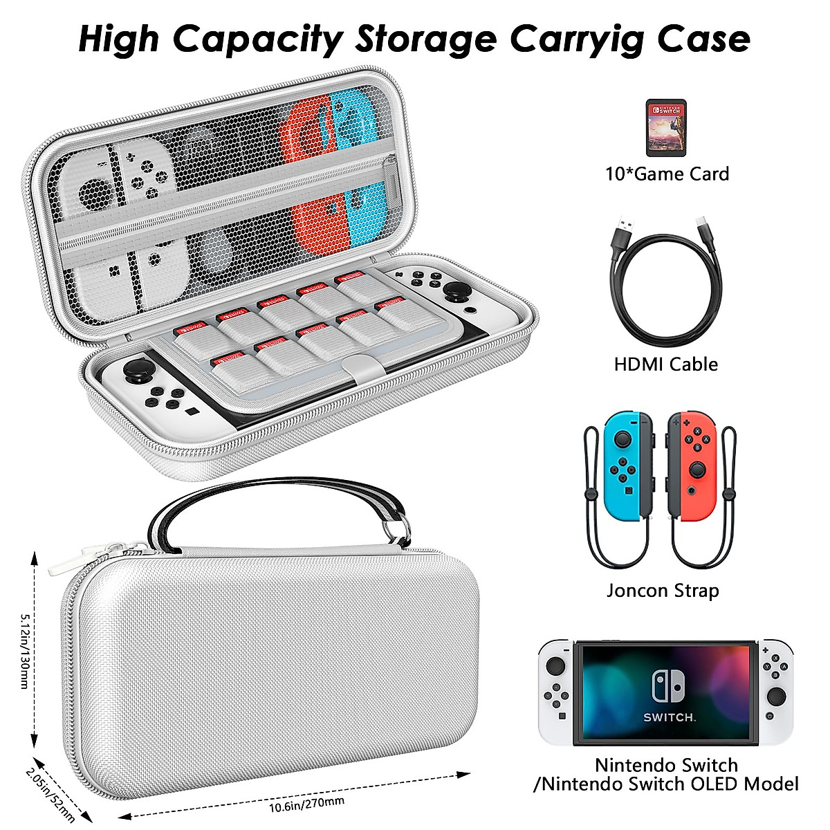 Mooroer Switch Carrying Case Compatible with Nintendo Switch/Switch OLED Console, White Protective Hard Portable Switch Travel Case Shell Pouch with 10 Games Cartridges for Accessories and Games