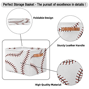 Baseball Storage Bin Basket, White Softball Large Toys Storage Cube Box with Handles, Collapsible Laundry Basket Rectangular Waterproof Storage Organizer Bin for Nursery Bedroom Shelves Gift Basket