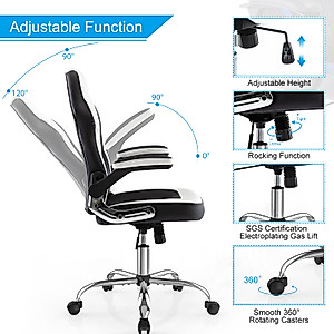 SMUG Gaming Ergonomic Office Computer Desk Racing Style Bonded Leather Gamer Chair, with Flip-Up Arms and Adjustable Height, White
