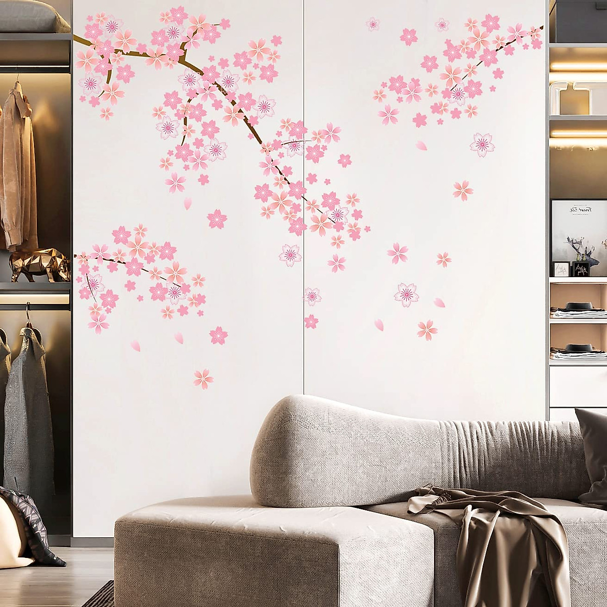 RW-045 Giant Pink Peach Blossom Wall Decals Plum Flowers Tree Branches Wall Stickers DIY Removable Cherry Floral Trees Petals Wall Decor for Kids Girls Bedroom Living Room Nursery Office Decoration