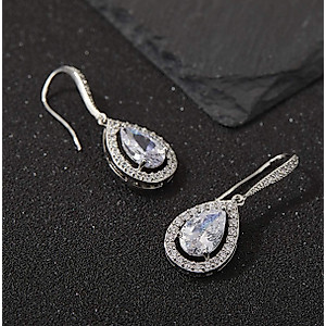 SWEETV Teardrop Wedding Earrings for Brides, Bridesmaids, Cubic Zirconia Dangle Earrings for Prom, Party, Formal Occasion,Silver