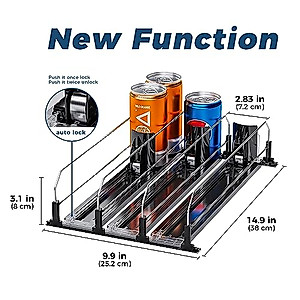Puricon Drink Organizer for Fridge Pusher Glide, Spring Loaded Fridge Drink Dispenser, Self Pushing Soda Can Organizer for Refrigerator, Beer Bottle Beverage Organizer Drink Holder -3 Rows, Black