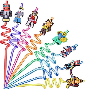 24 Pcs Robot Party Supplies Favors Drinking Straw, Kids Party Favor, Plastic Reusable Loop Drinking Straw with Cute the Characters, 2-Pcs Cleaning Brush