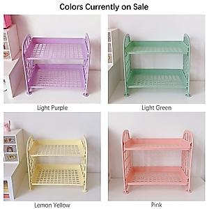 QUMENEY Desktop Rack Cosmetic Stationery Storage Holder, 2-Tier Multifunctional Plastic Shelf Makeup Organizer for Skincare Office Kitchen Bedroom Bathroom Home (Lemon Yellow)
